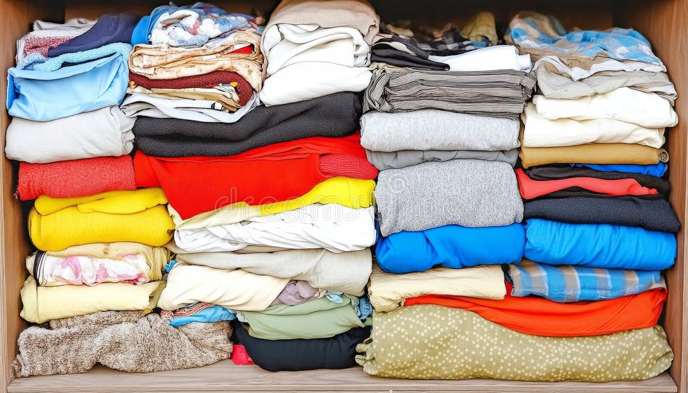 Stacks of Clothes in Wardrobe, Organizing Clothes Folded on Shelf, Home ...