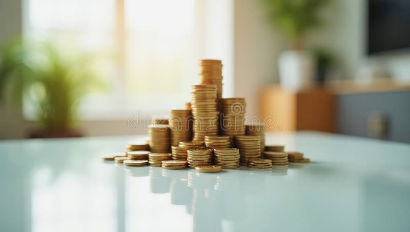 Stacks of Coins Arranged on a Glass Table in a Bright Room Stock Image ...
