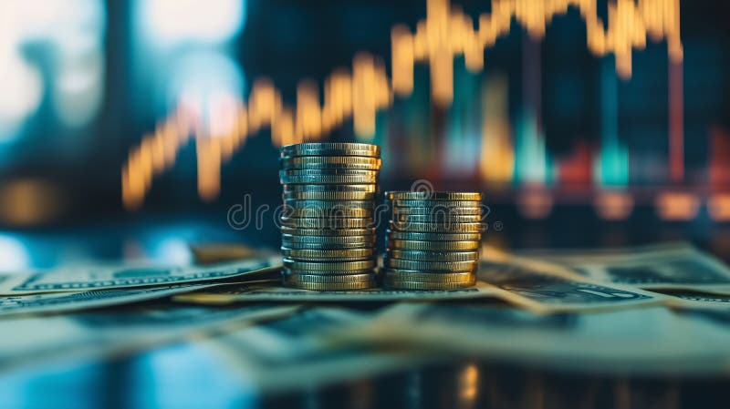 Stacks of Coins Atop Dollar Bills with Fluctuating Financial Graphs in ...