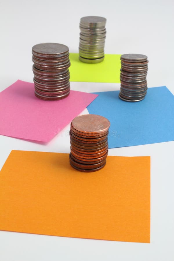 Stacks of Coins on Blank Color Notes Stock Image - Image of orange ...