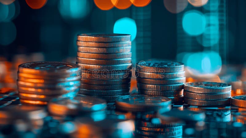 Stacks of Coins with Blue and Orange Bokeh Light Stock Photo - Image of ...