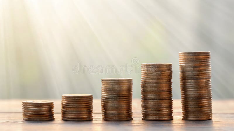 Stacks of Coins Building Up Along Bottom Edge with Sunlight Rays Stock ...