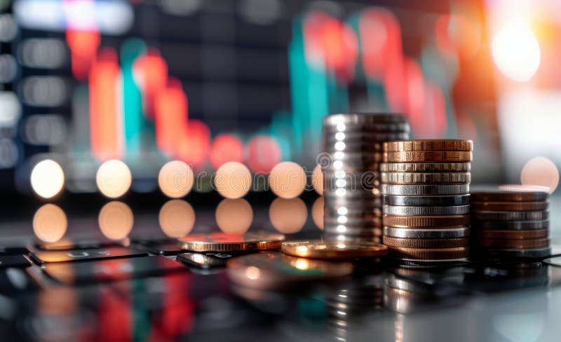 Stacks of Coins on a Colorful Financial Chart Background in a Bright ...
