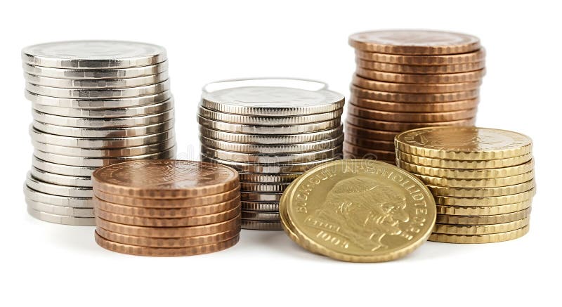 Stacks of Coins of Different Value on White Background for Finance Stock Illustration ...