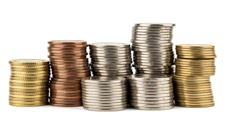 Stacks of Coins Displayed in Various Metals and Denominations on White ...