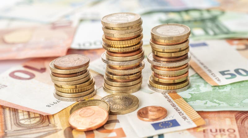 Stacks of Coins with Euro Bills Stock Image - Image of bank, financial ...