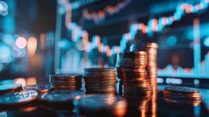Stacks of Coins with Financial Charts in Background Stock Image - Image ...