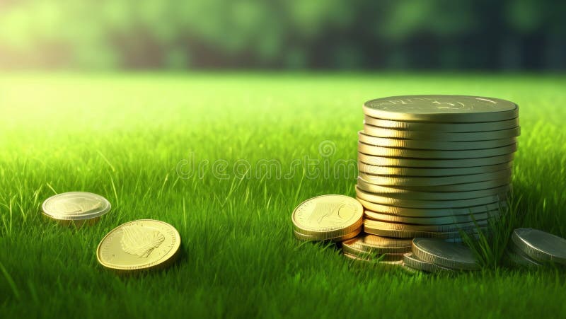 Stacks of Coins on Green Grass Background, Wealth Management Stock ...