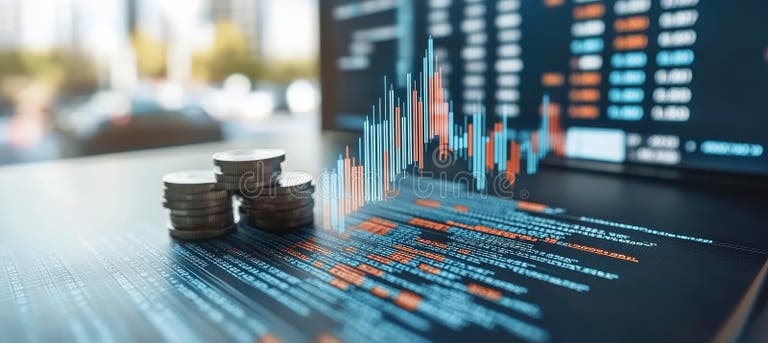 Stacks of Coins, Growing Charts, Digital Binary Code Abstract Technology Finance Concept Stock ...