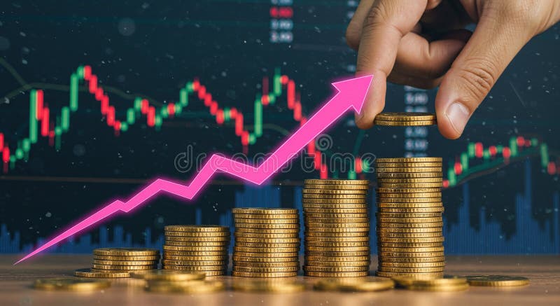 Stacks of Coins Increasing with Arrow and Stock Chart Stock ...