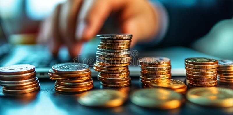 Stacks of Coins beside a Keyboard while a Hand Types on a Laptop in a ...