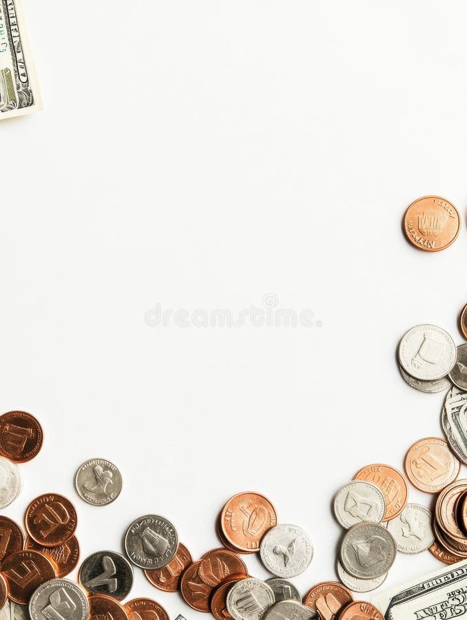 Stacks of Coins and Notes Arranged on a White Surface in a Creative ...