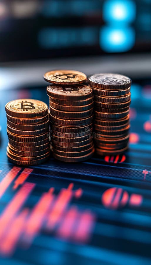 Stacks of Coins Representing Cryptocurrency on Digital Background Stock ...