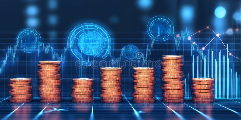 Stacks of Coins Rising Against a Blue Graph Stock Illustration ...