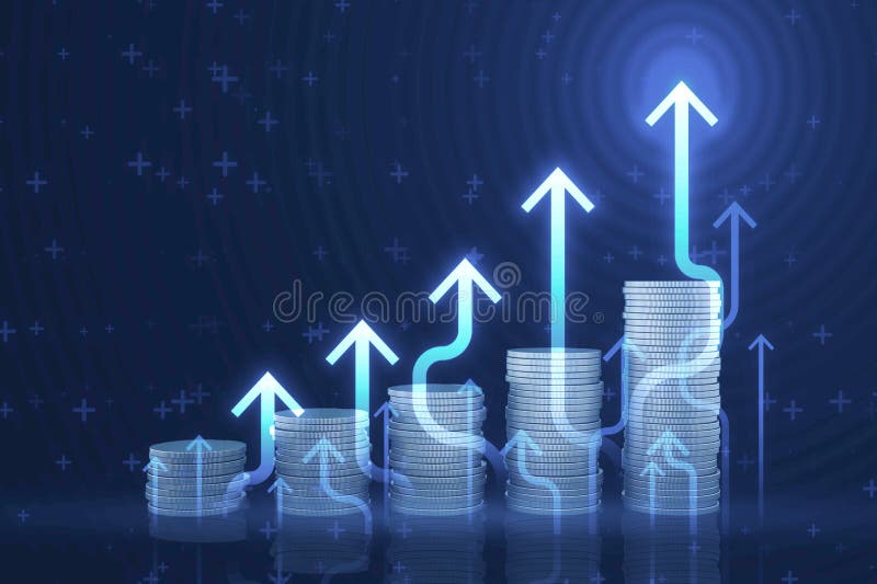 Stacks of Coins with Rising Arrows on a Digital Blue Background ...