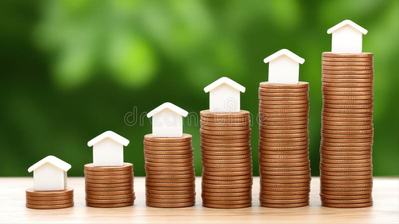 Stacks of Coins Show Growth of Real Estate Value with Tiny House Models ...