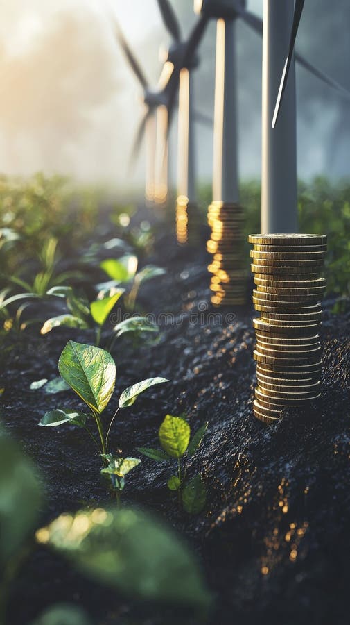 Stacks of Coins Supporting Wind Turbines in Green Field Stock ...