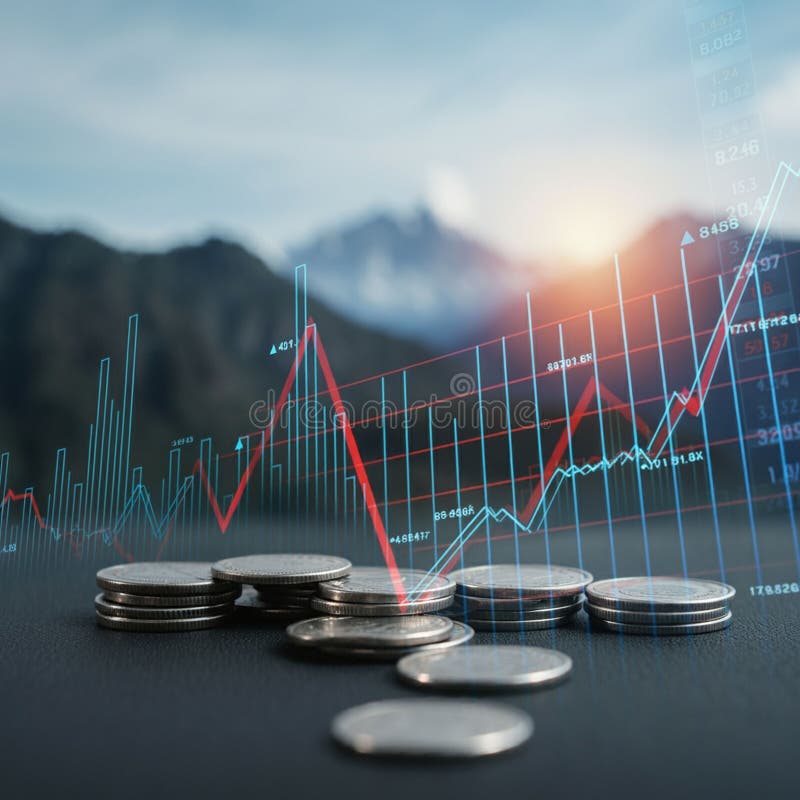 Stacks of Coins on a Surface with a Financial Graph Overlay. the Graph ...