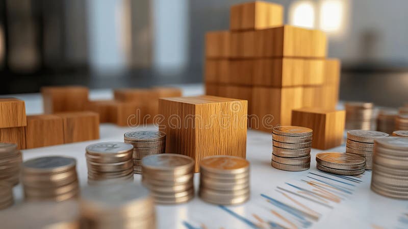 Stacks of Coins and Wooden Blocks Organized on a Table Creating a ...