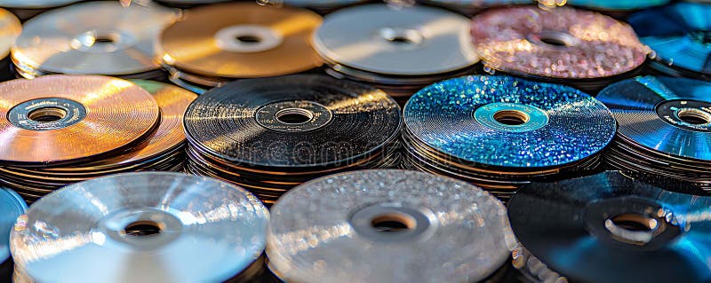 Stacks of Colorful CDs and DVDs, Glistening Under Sunlight. a Nostalgic ...