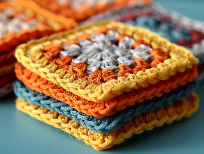 Stacks of Colorful Crocheted Squares with Different Patterns and Colors ...