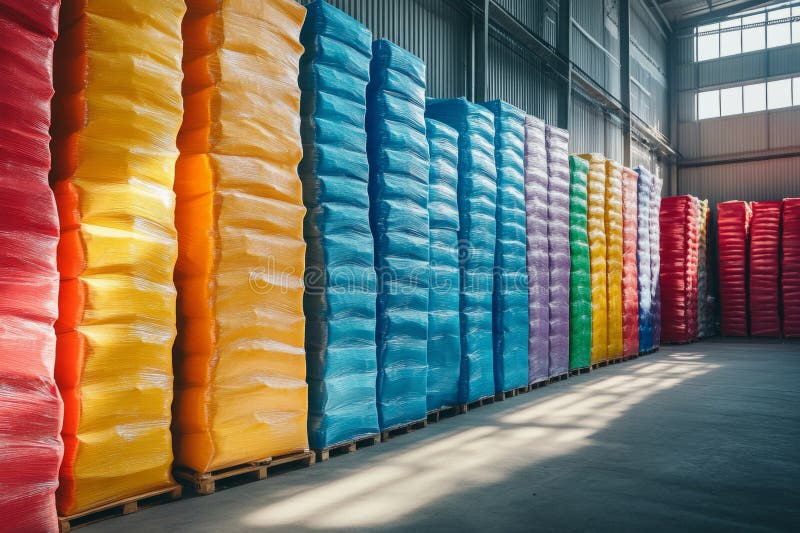 Stacks of Colorful Wrapped Plastic Bags Containing Goods in a Warehouse ...