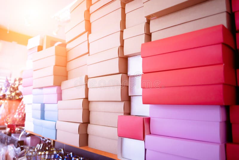 Stacks of Colour Cardboard Boxes in the Gift Shop Stock Photo - Image ...