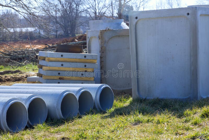 Stacks of Concrete Drainage Pipes, Manhole are Awaiting Installation on ...