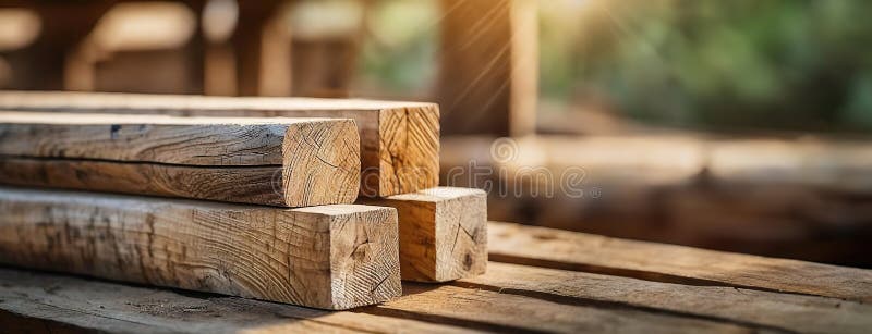 Stacks of Cut Timber in Warm Sunlight, Hinting at Fresh Construction. a ...
