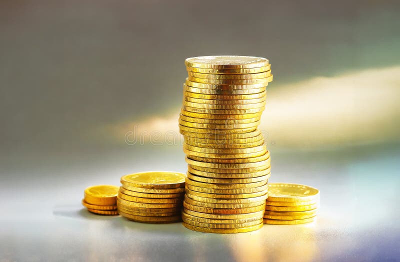 Stacks of 3D Golden Coins Isolated on Gradient Metallic Background ...