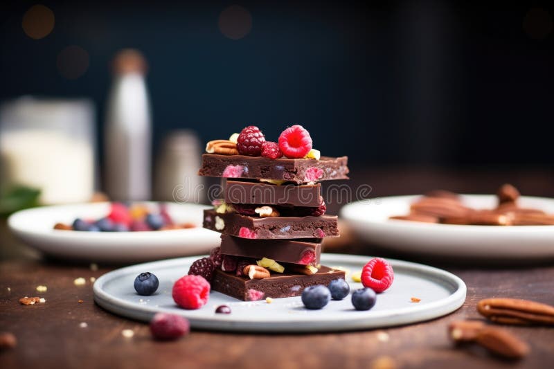 Stacks of Dark Chocolate Bars with Nuts and Berries Stock Image - Image ...