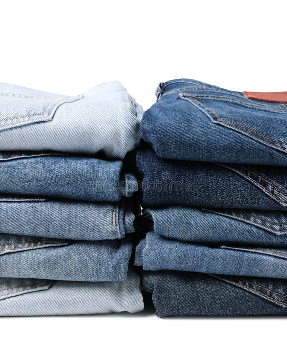 Stacks of Different Folded Jeans Isolated on White Stock Photo - Image of store, jean: 285698876