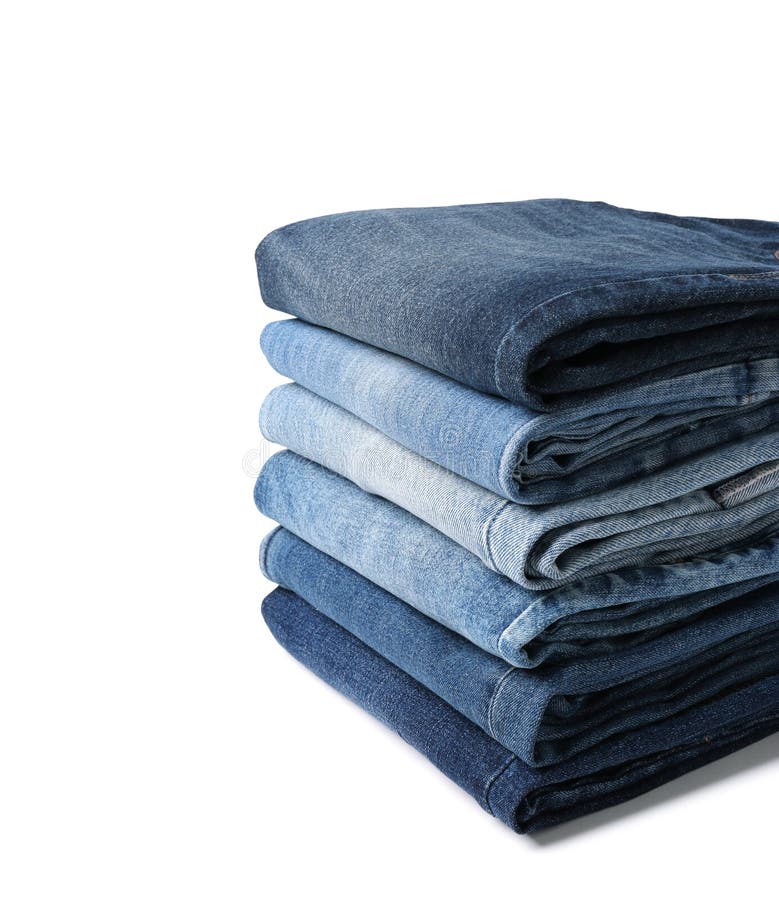 Stacks of Different Folded Jeans Isolated on White Stock Image - Image ...