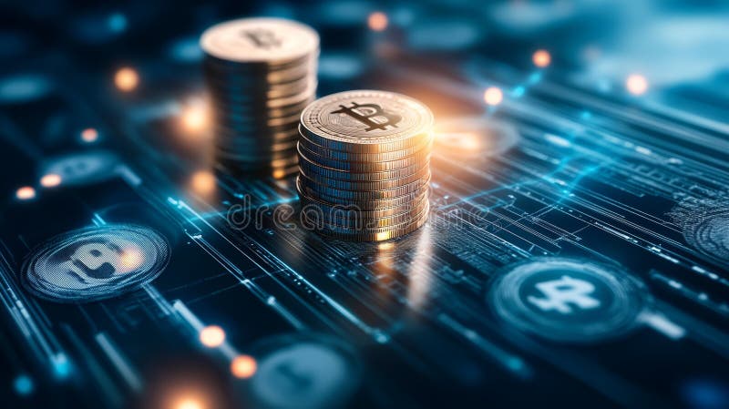 Stacks of Digital Currency Coins on Blockchain Network Stock ...