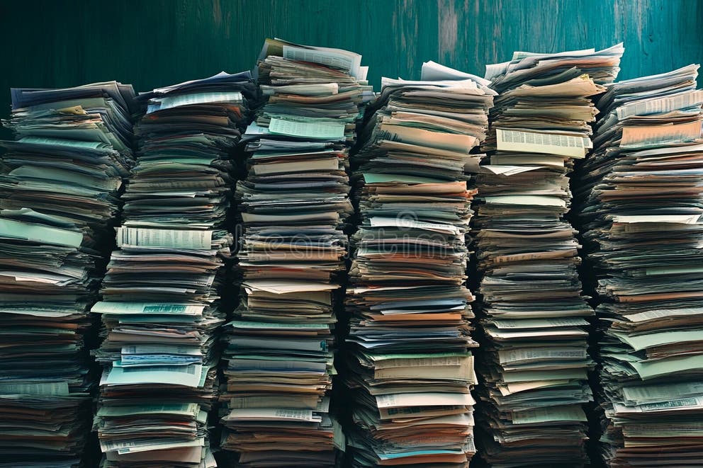 Stacks of Disorganized Documents Awaiting Sorting in a Cluttered ...