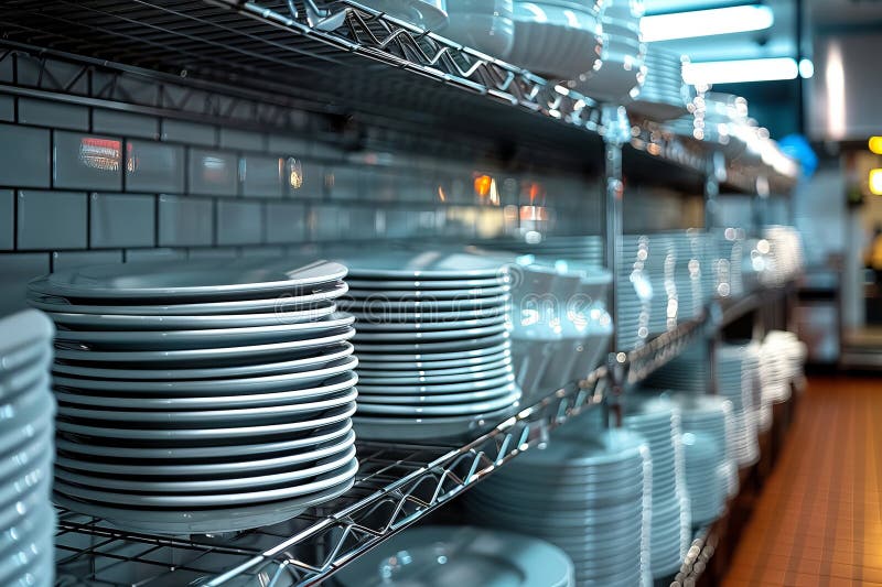 Stacks of Diverse White Ceramic Plates Organized on Metal Shelves in a ...