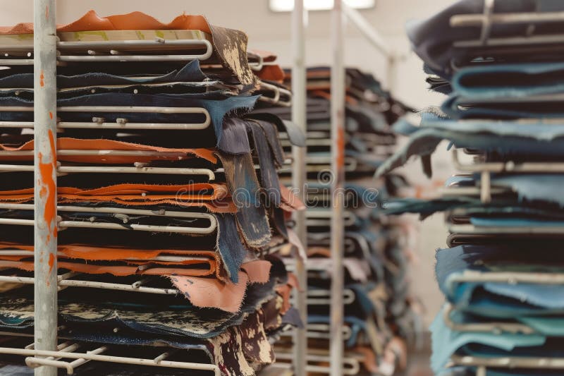 Stacks of Dyed Leather Drying on Racks Indoors Stock Photo - Image of ...
