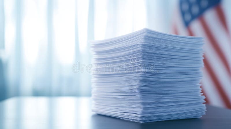 Stacks of Election Documents on a Table with an American Flag in the ...