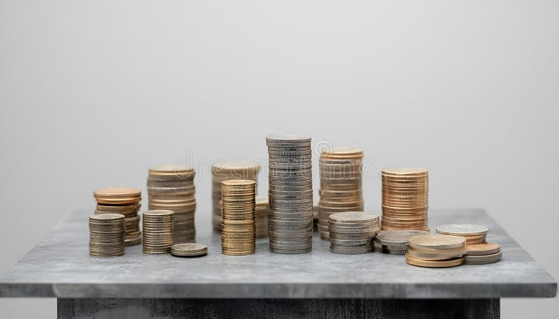 Stacks of Euro Coins and Banknotes on Grey Table Stock Image - Image of ...