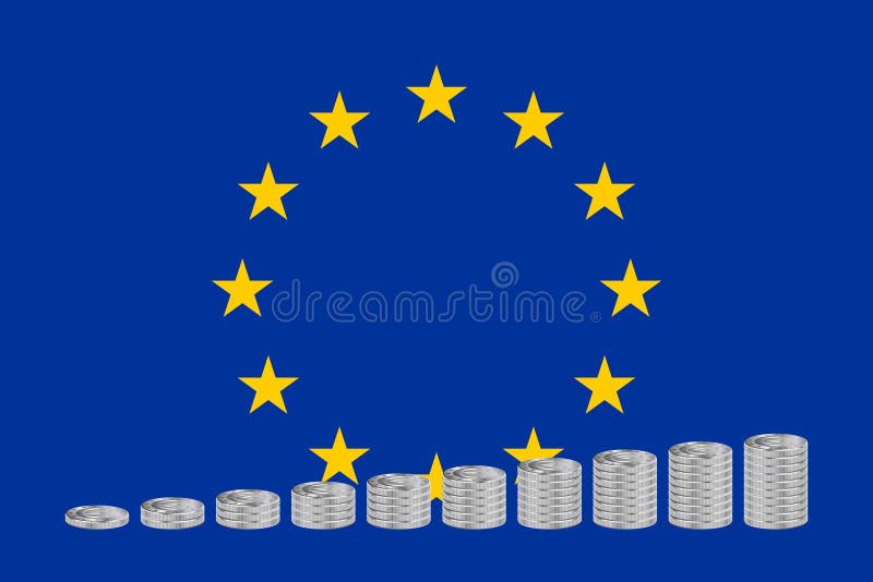 Stacks of Euro Coins in Silver Color on the Background of the EU Flag ...