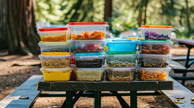 Stacks of Food Containers with Leftovers on Picnic Table in a Forest ...