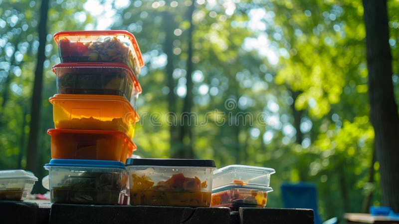 Stacks of Food Containers with Leftovers on Picnic Table in a Forest ...
