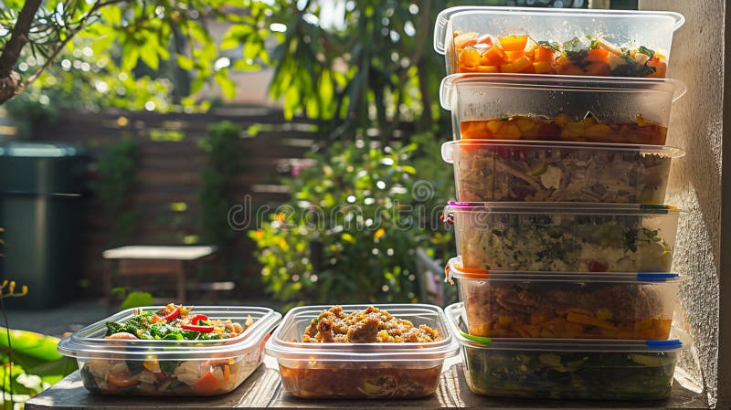 Stacks of Food Containers with Leftovers on a Table in a Garden. Ready ...