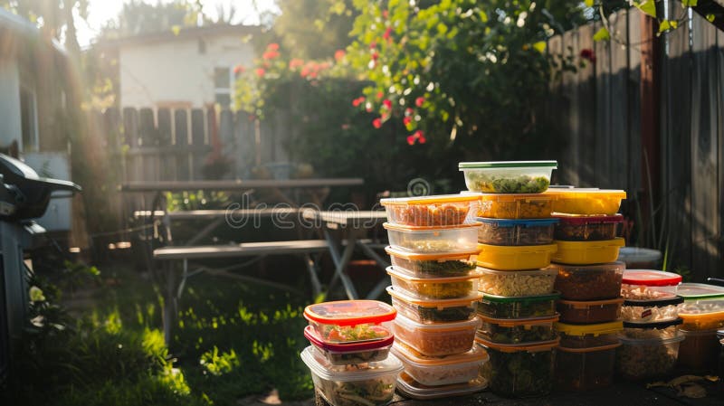 Stacks of Food Containers with Leftovers on a Table in a Garden. Ready ...