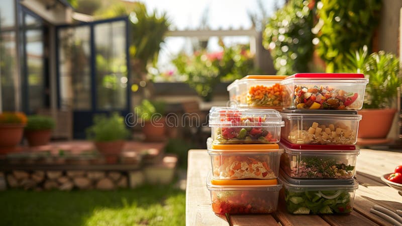 Stacks of Food Containers with Leftovers on a Table in a Garden. Ready ...
