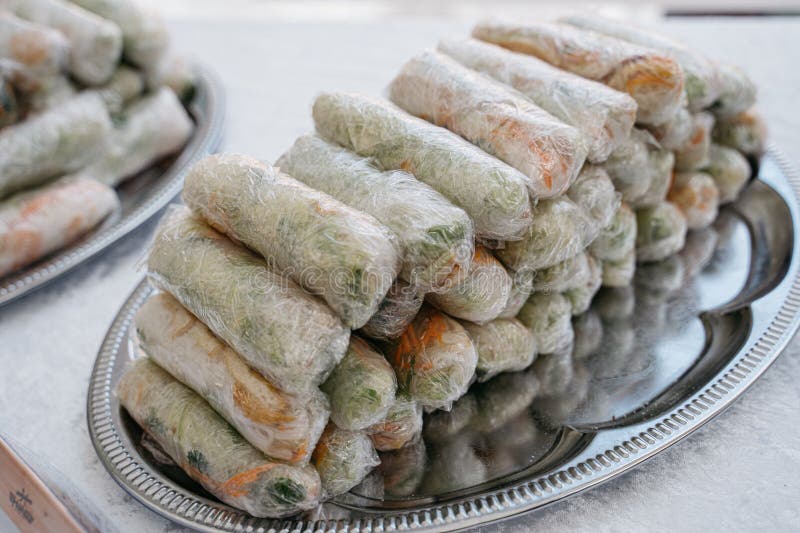 Stacks of Fresh Spring Rolls on a Platter. Stock Image - Image of ...