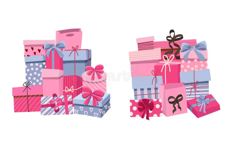Stacks of Gift Boxes with Bows and Craft Packaging in Pink and Purple ...