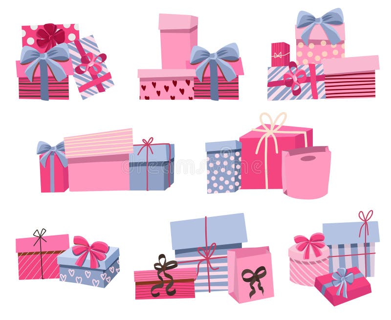 Stacks of Gift Boxes with Bows and Craft Packaging in Pink and Purple ...