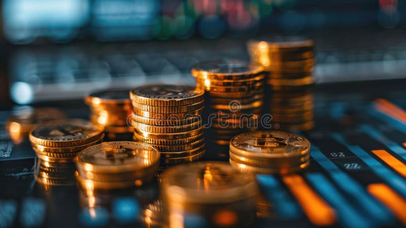 Stacks of Gold Coins on Financial Data Background Screen Stock ...