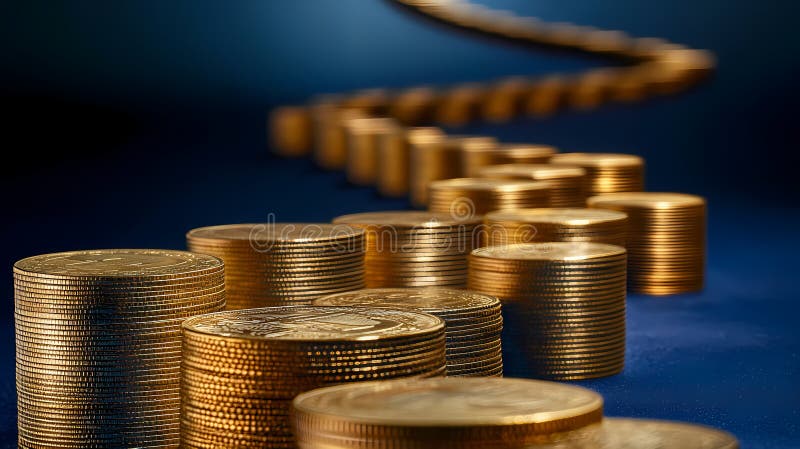 Stacks of Gold Coins Forming a Growing Line on Blue Background Stock ...